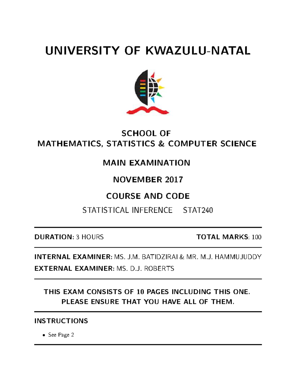 UKZN STAT240 Main Exam November 2017: Statistical Inference Guide - Studocu