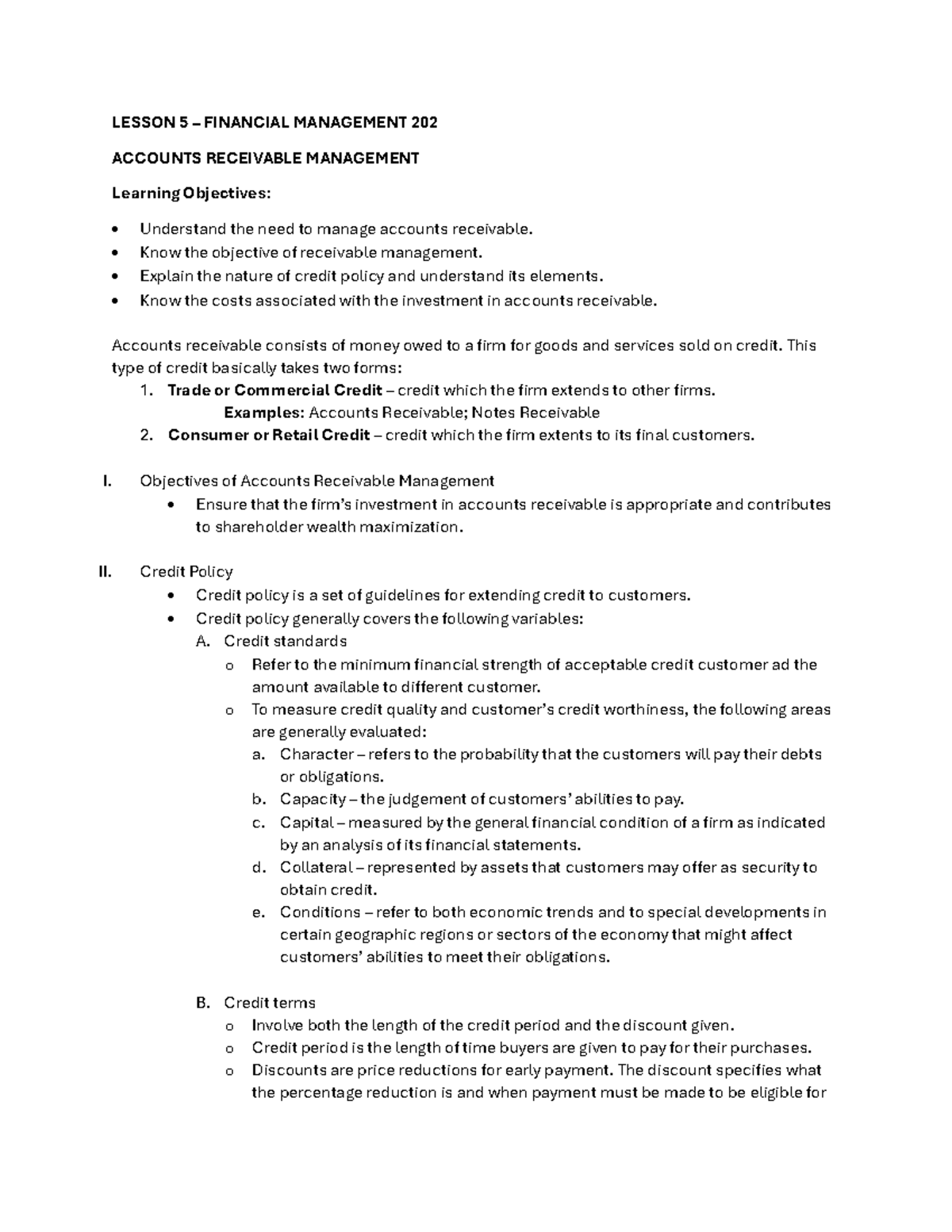 Lesson 5: Accounts Receivable Management - FINANCIAL MANAGEMENT 202 ...