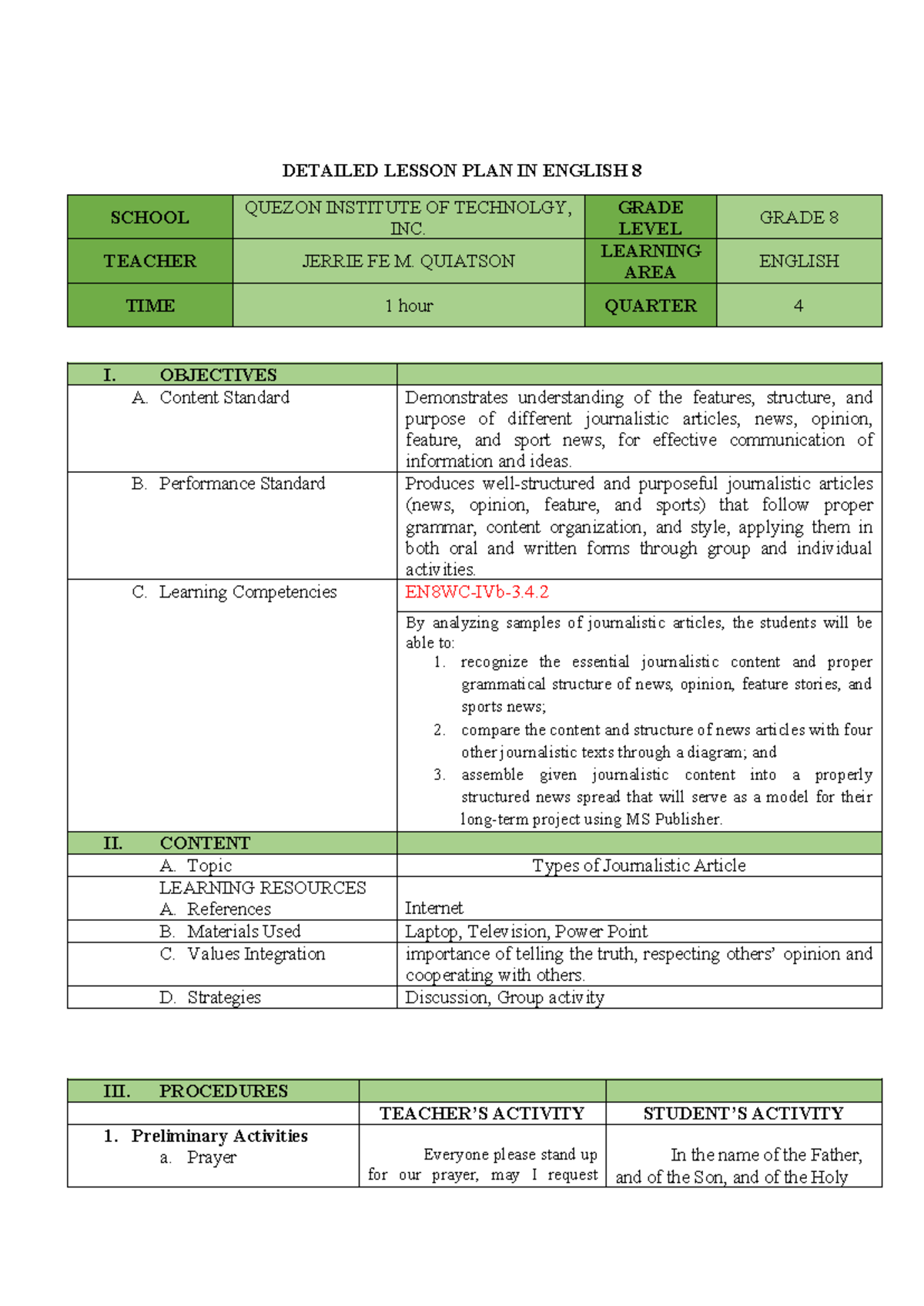 Final Lesson Plan for English 8: Journalistic Articles at Quezon ...