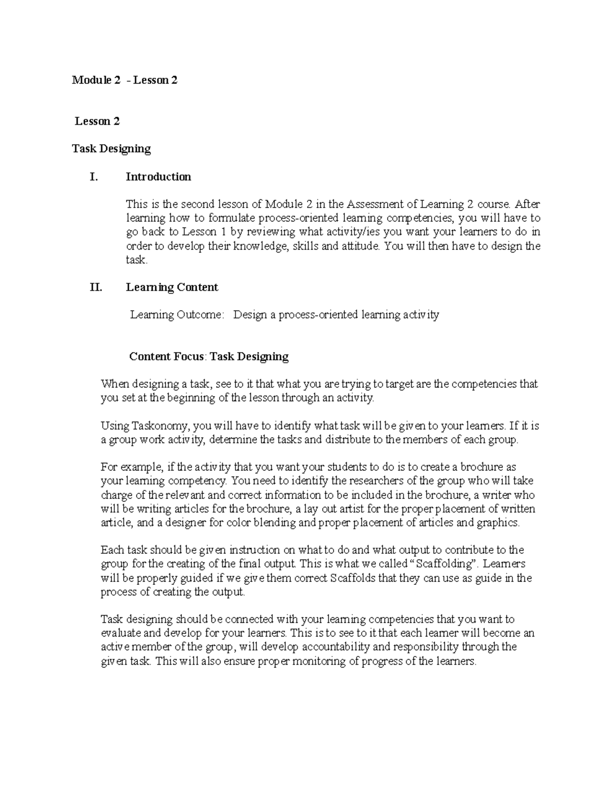 Assessment of Learning 2 - Module 2 Lesson 2: Task Designing Guide ...