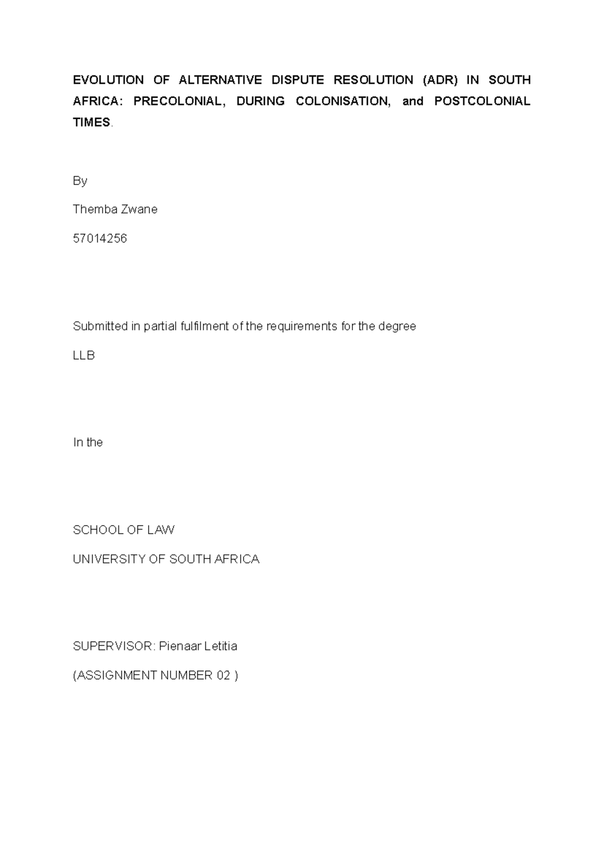 Evolution of ADR in South Africa: Historical Perspectives (LLB Assignment 02) - Studocu