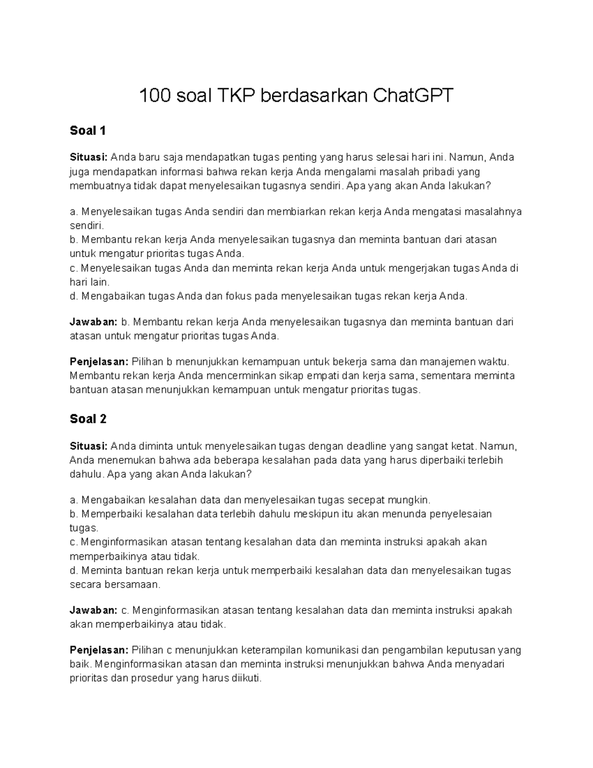 150+ Soal TKP untuk CPNS: Uji Karakter dan Keterampilan - Studocu