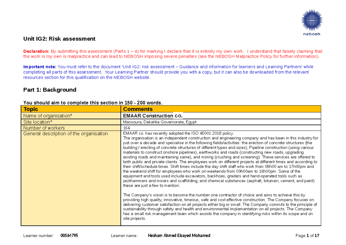 NEBOSH IG2: Risk Assessment for EMAAR Construction Co. - Studocu
