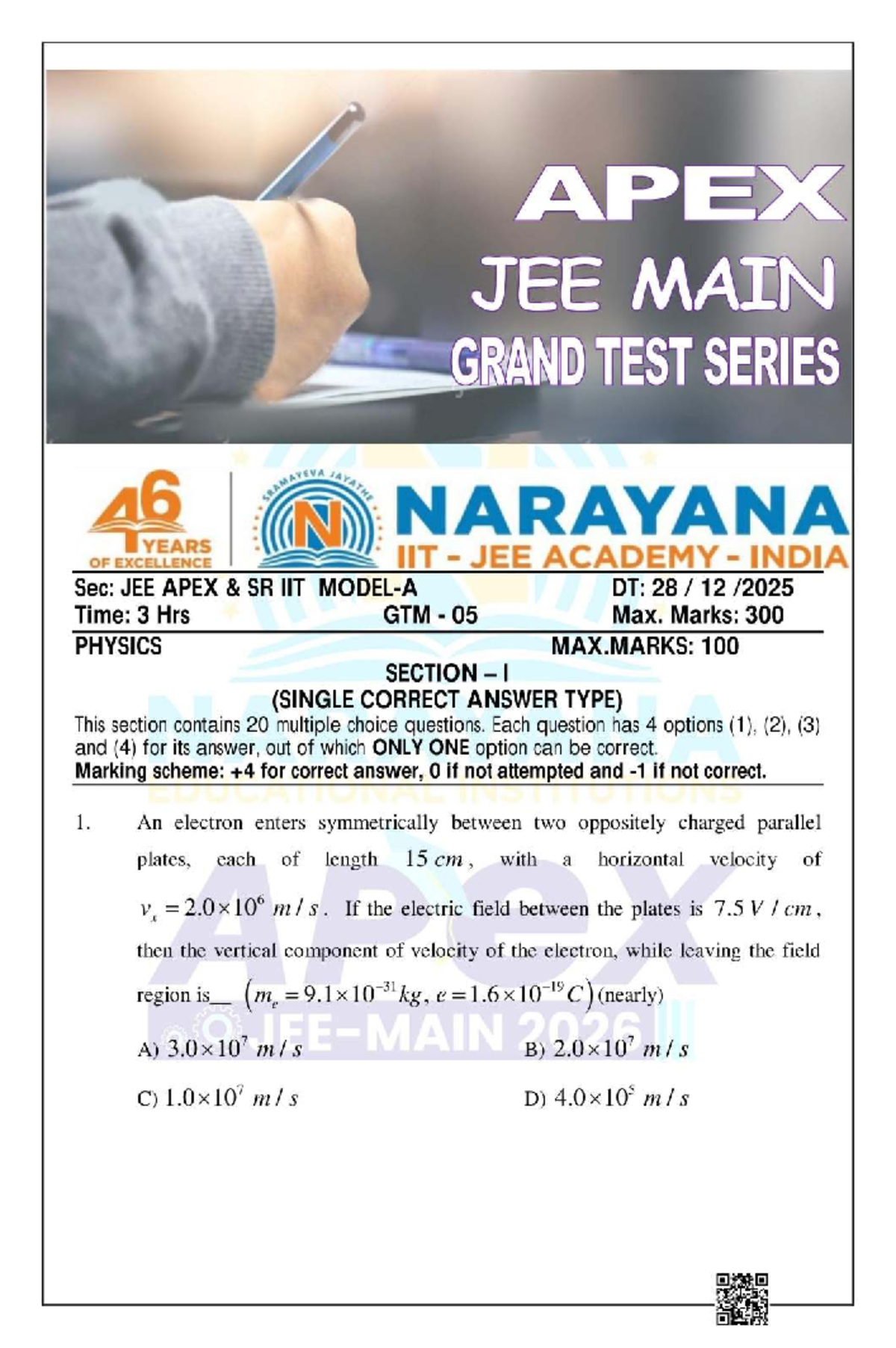 APEX JEE MAIN GTM-05: Grand Test Series for Physics & Chemistry - Studocu
