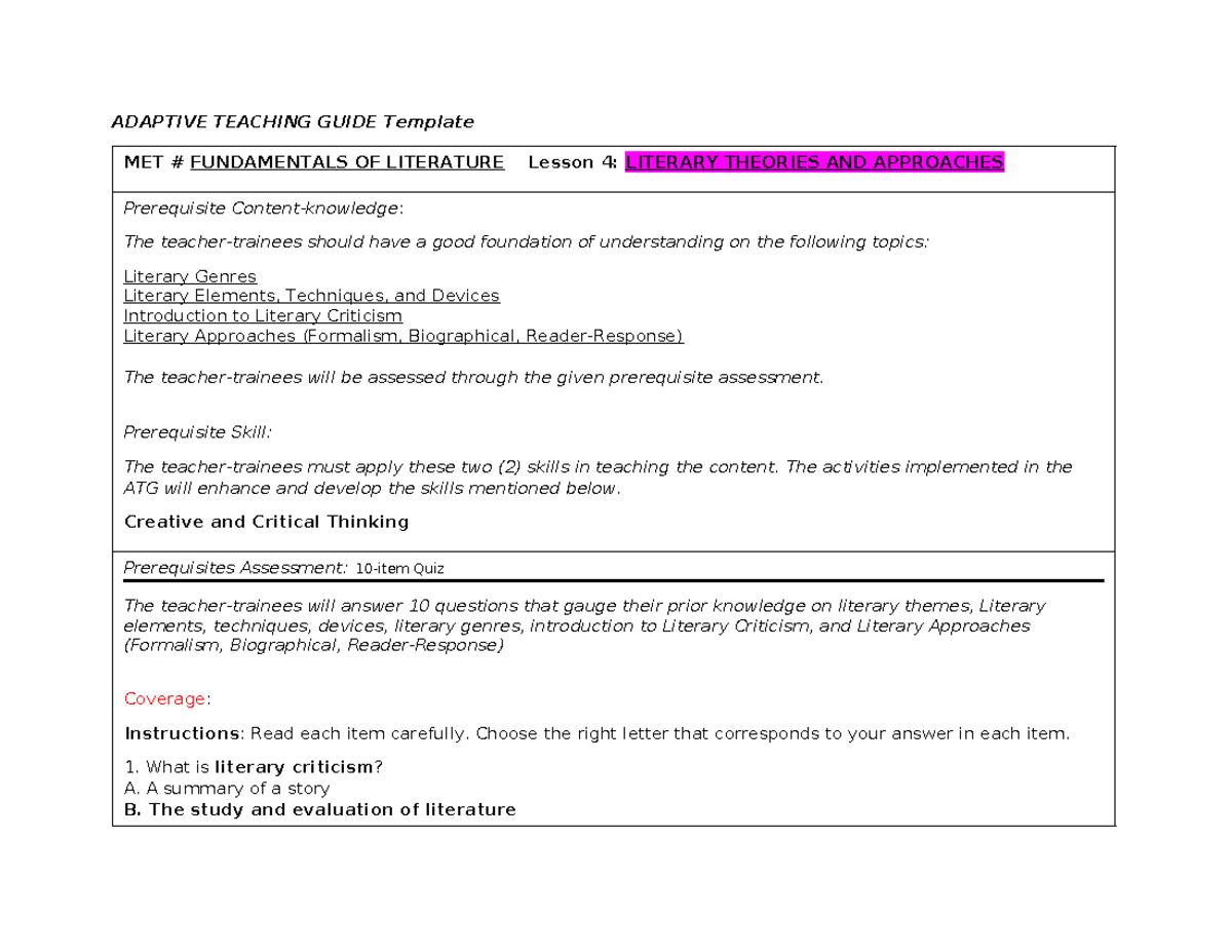 ADAPTIVE TEACHING GUIDE: MET FUNDAMENTALS OF LITERATURE Lesson 4 on ...