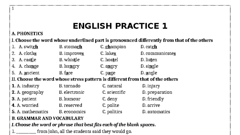 1 ENGLISH PRACTICE 1: PHONETICS, GRAMMAR & READING TEST - Studocu
