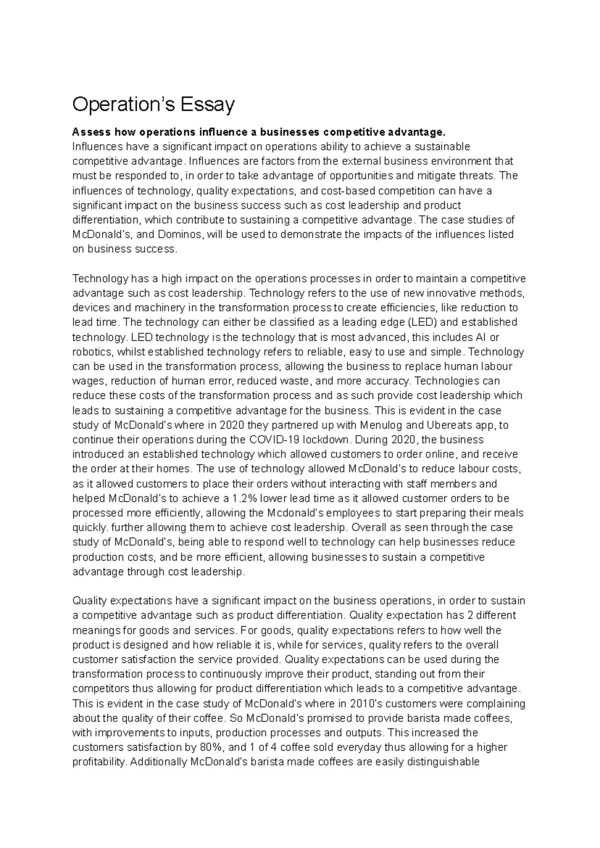 Operations essay: Assessing the influence on competitive advantage ...