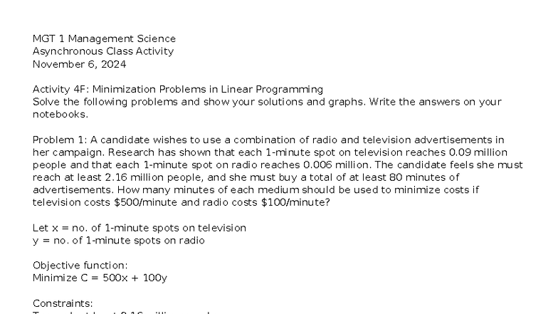 MGT 1 Asynchronous Activity: Linear Programming Minimization Problems ...