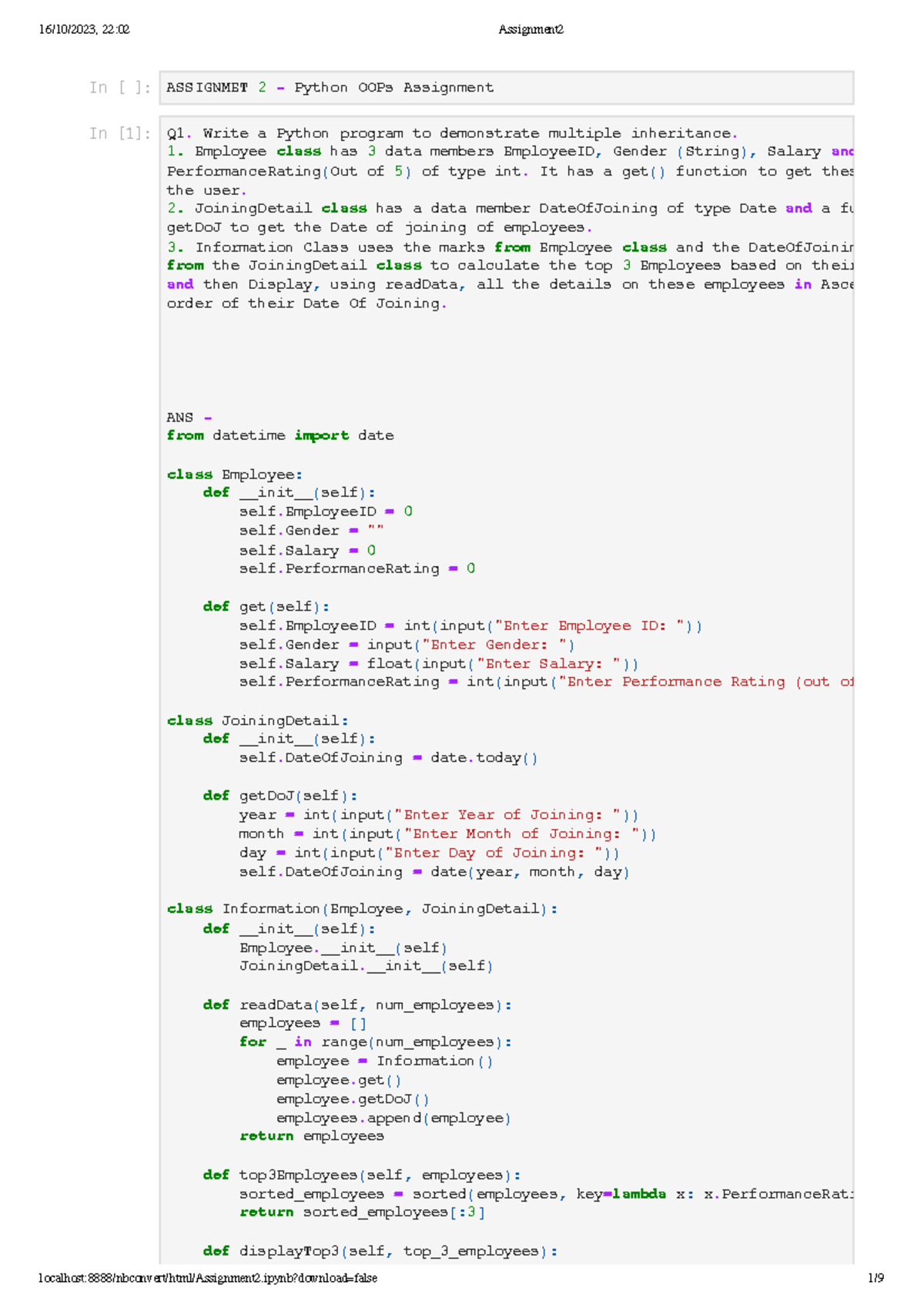 Assignment 2-oops - In [ ]: ASSIGNMET 2 - Python OOPs Assignment In [1]: Q1 1.. EmployeeWrite a ...