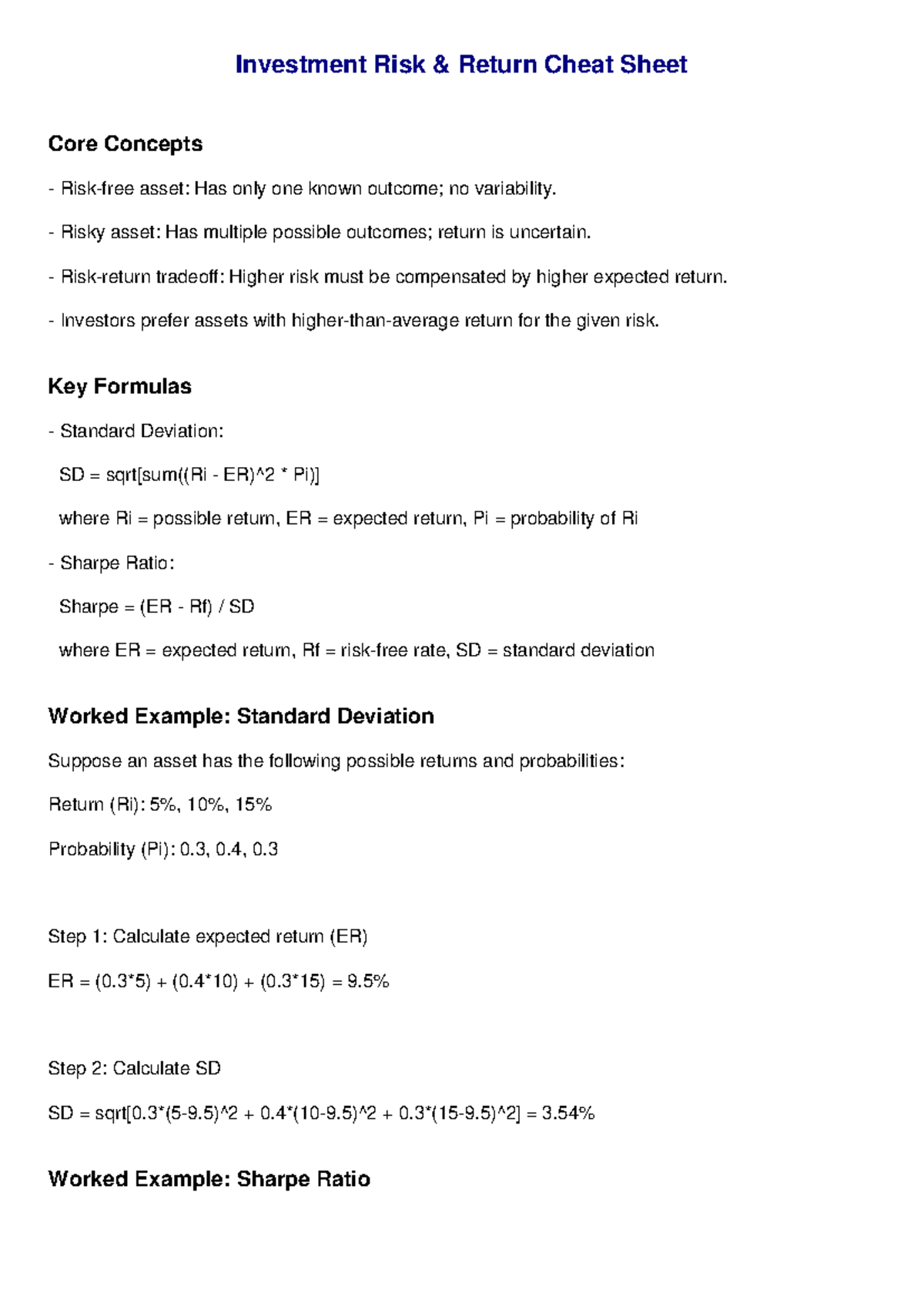 Investment Risk Return Cheat Sheet: Core Concepts & Examples - Studocu
