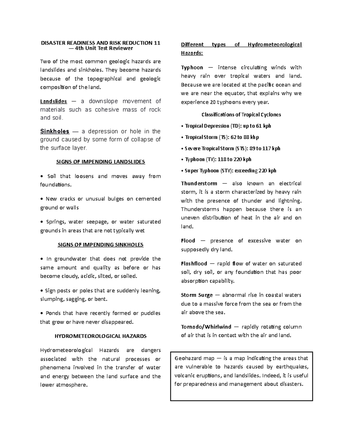 DRRR 4TH UNIT TEST Reviewer: Geologic and Hydrometeorological Hazards ...