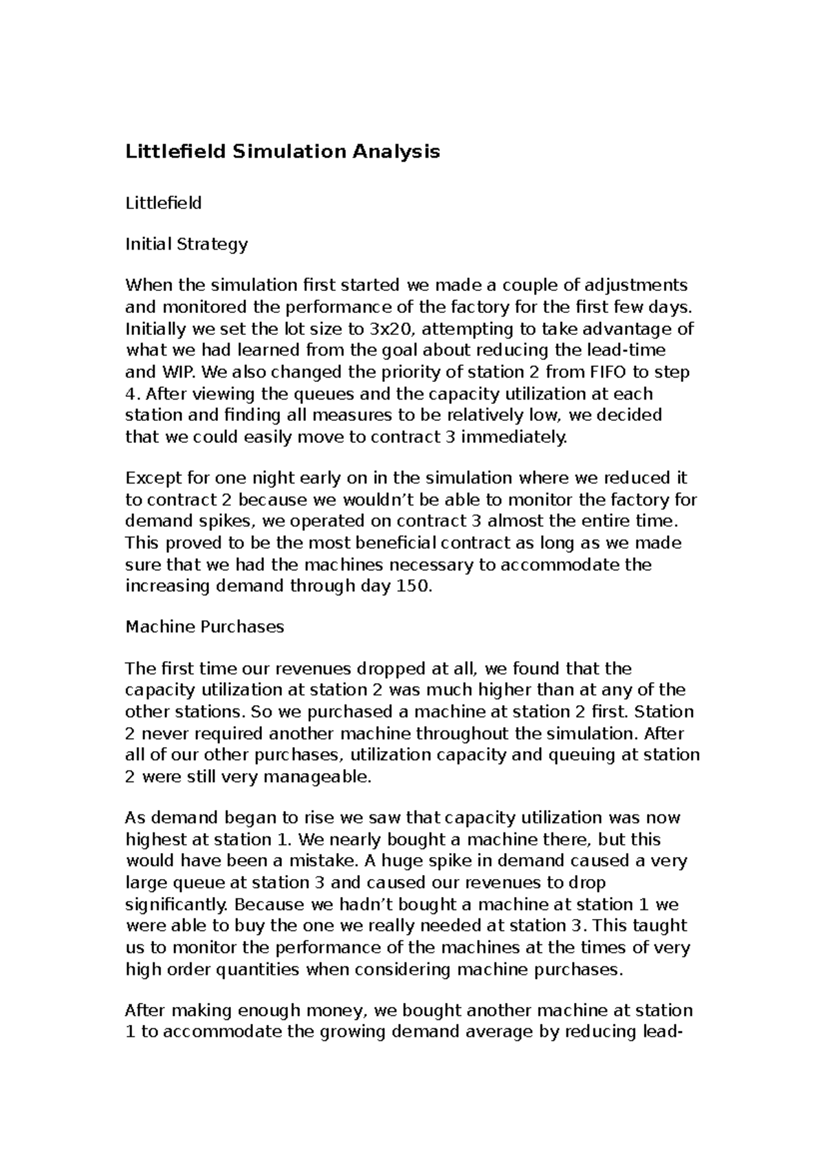 Littlefield Simulation Analysis: Initial Strategies and Results - Studocu