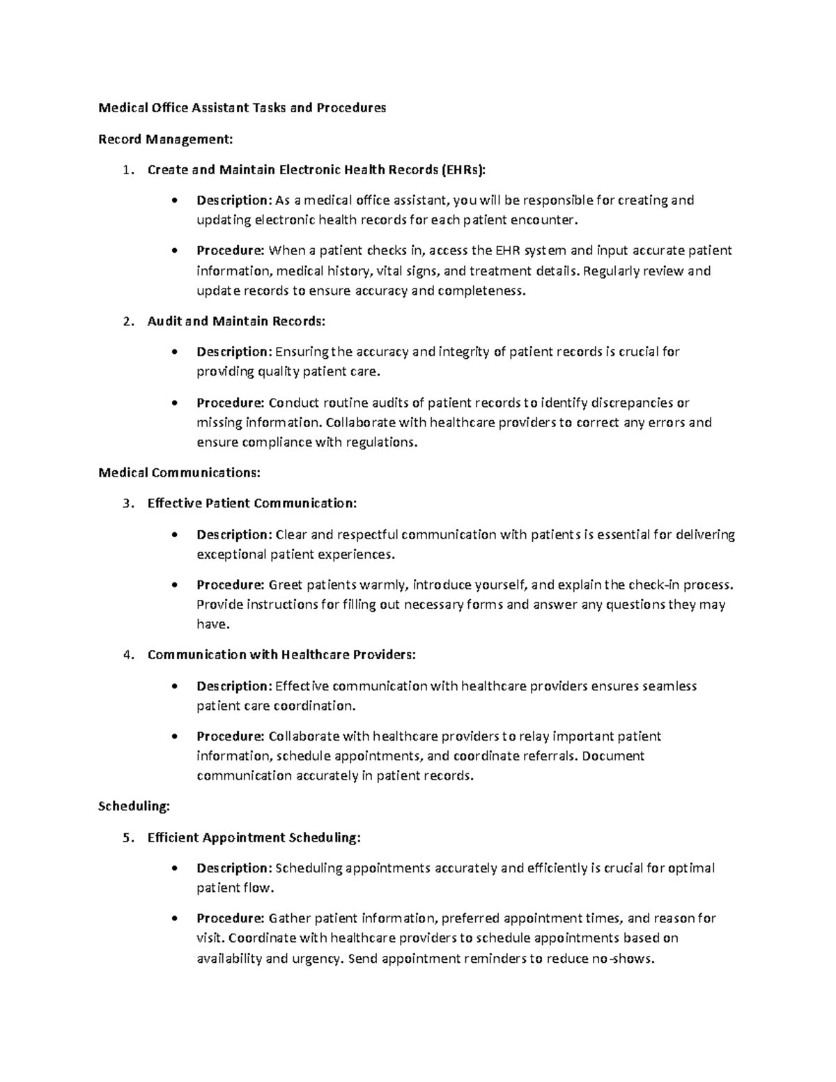 Medical Office Assistant Tasks & Procedures Overview - Studocu