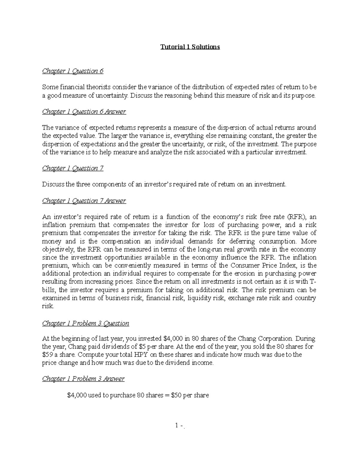 Investment Risk Analysis - Tutorial 1 Solutions - Studocu