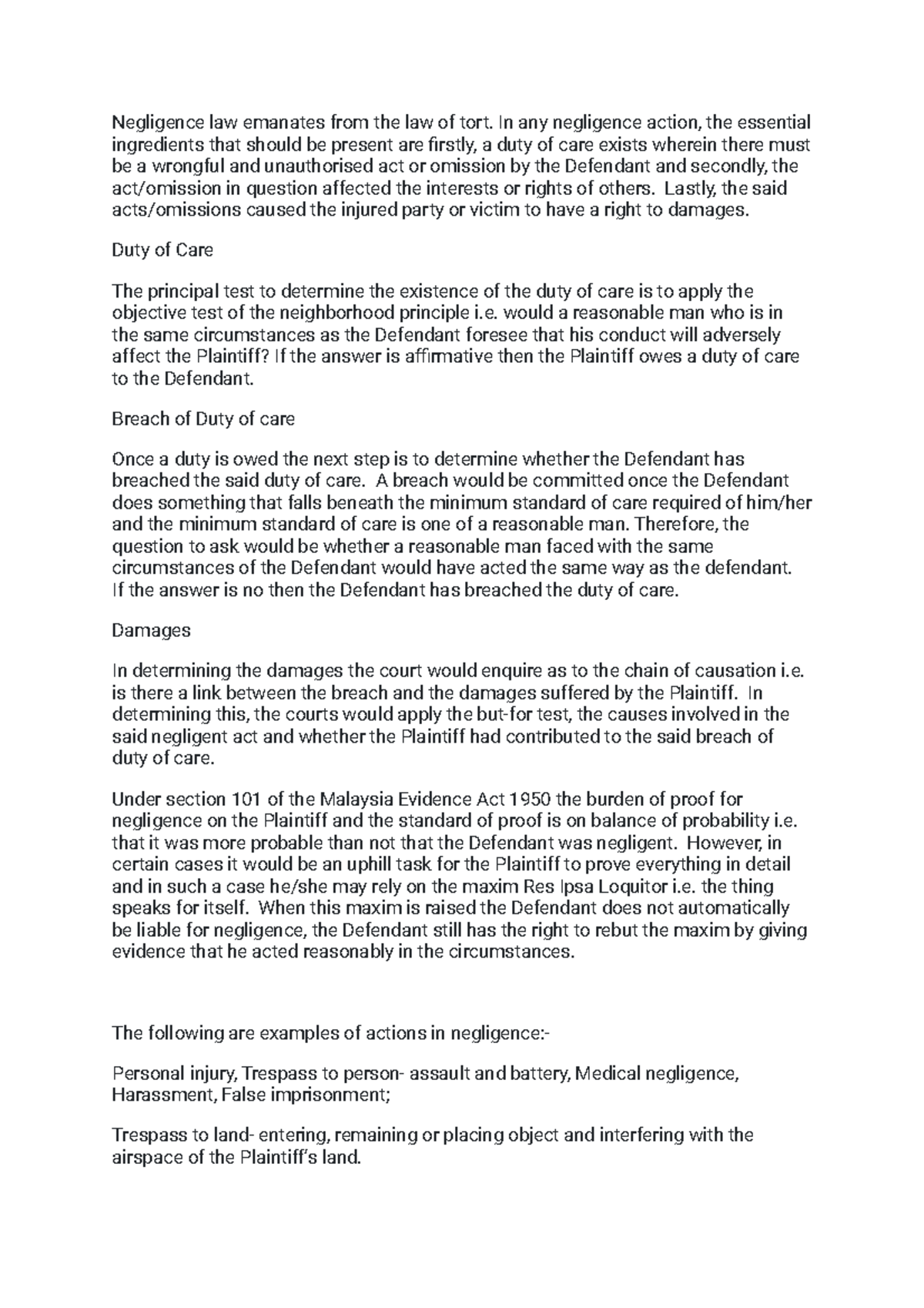Civil law negliegence - assignment on tort law negligence - Negligence ...