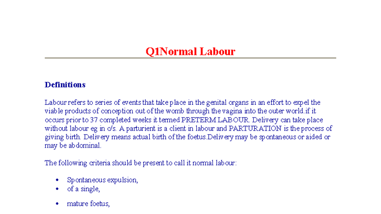 Normal Labour Definitions and Clinical Picture - Lecture Notes 1 - Studocu