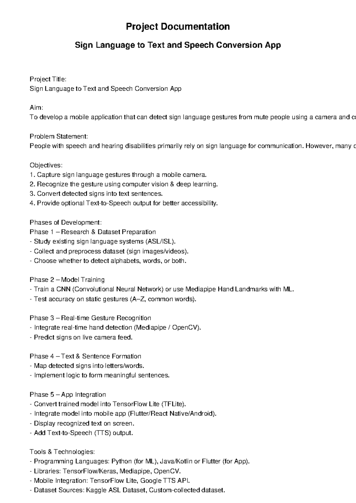 Sign Language to Text & Speech Conversion App Documentation - Studocu