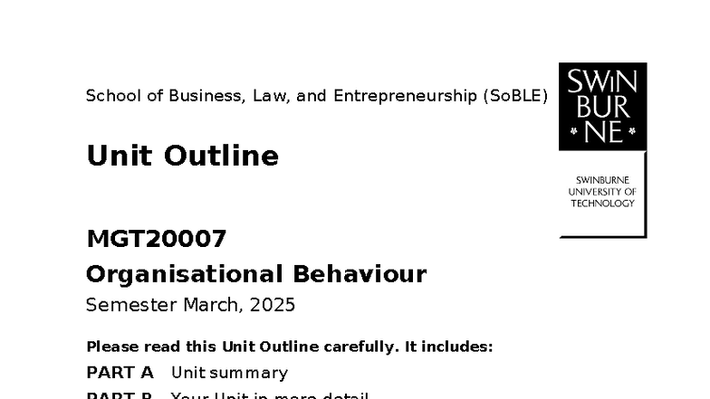 MGT2000 Unit Outline: Organisational Behaviour - Semester March 2025 ...
