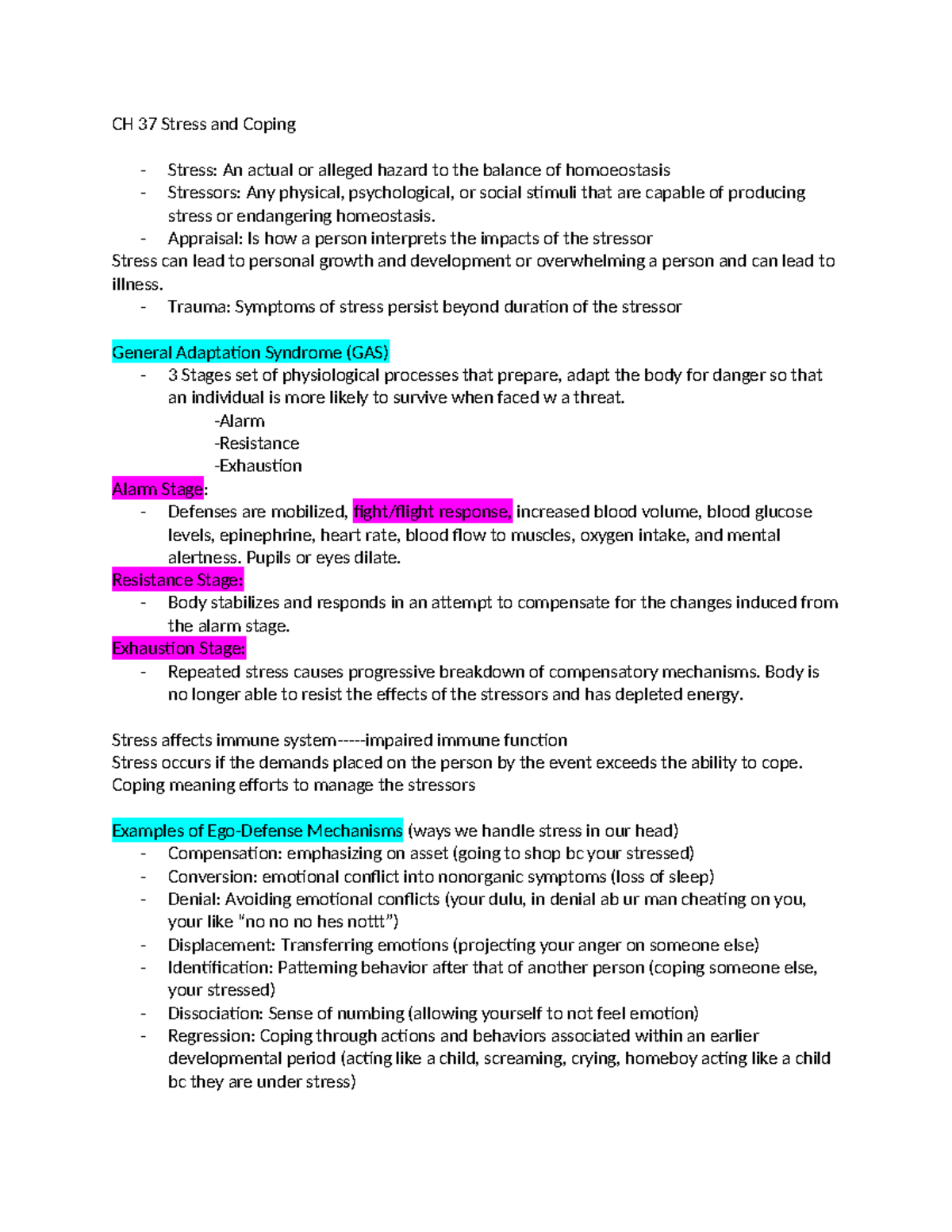 CH 37 Stress and Coping: Understanding Mechanisms and Nursing Theory - Studocu