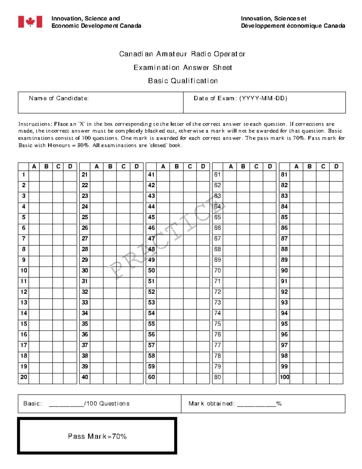 Canadian Amateur Radio Operator Exam Answer Sheet (Basic) - Studocu