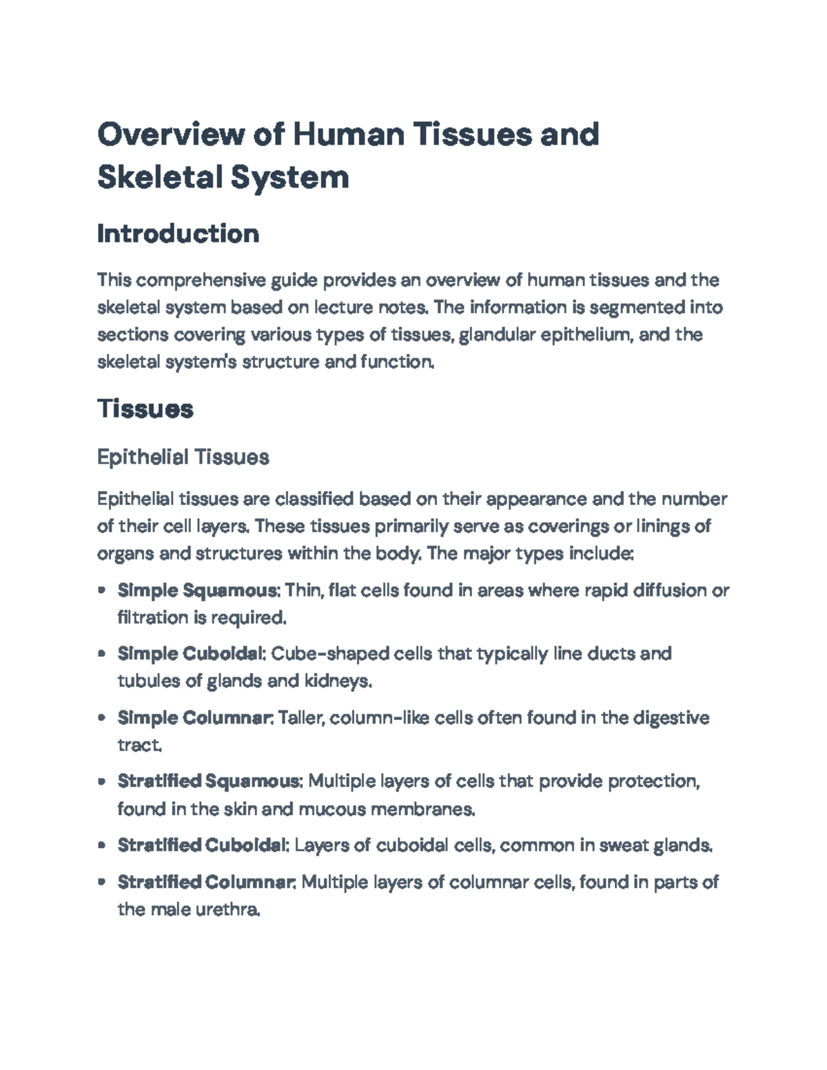 Human Tissues and Skeletal System Overview - Lecture Notes 2023 ...