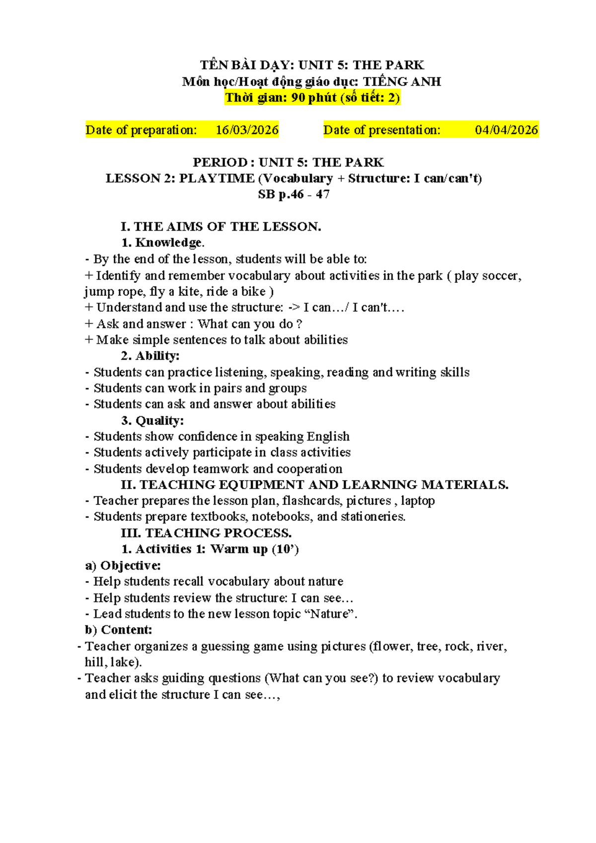 KẾ HOẠCH BÀI DẠY TIẾNG ANH: UNIT 5 - THE PARK (Lesson 2) - Studocu