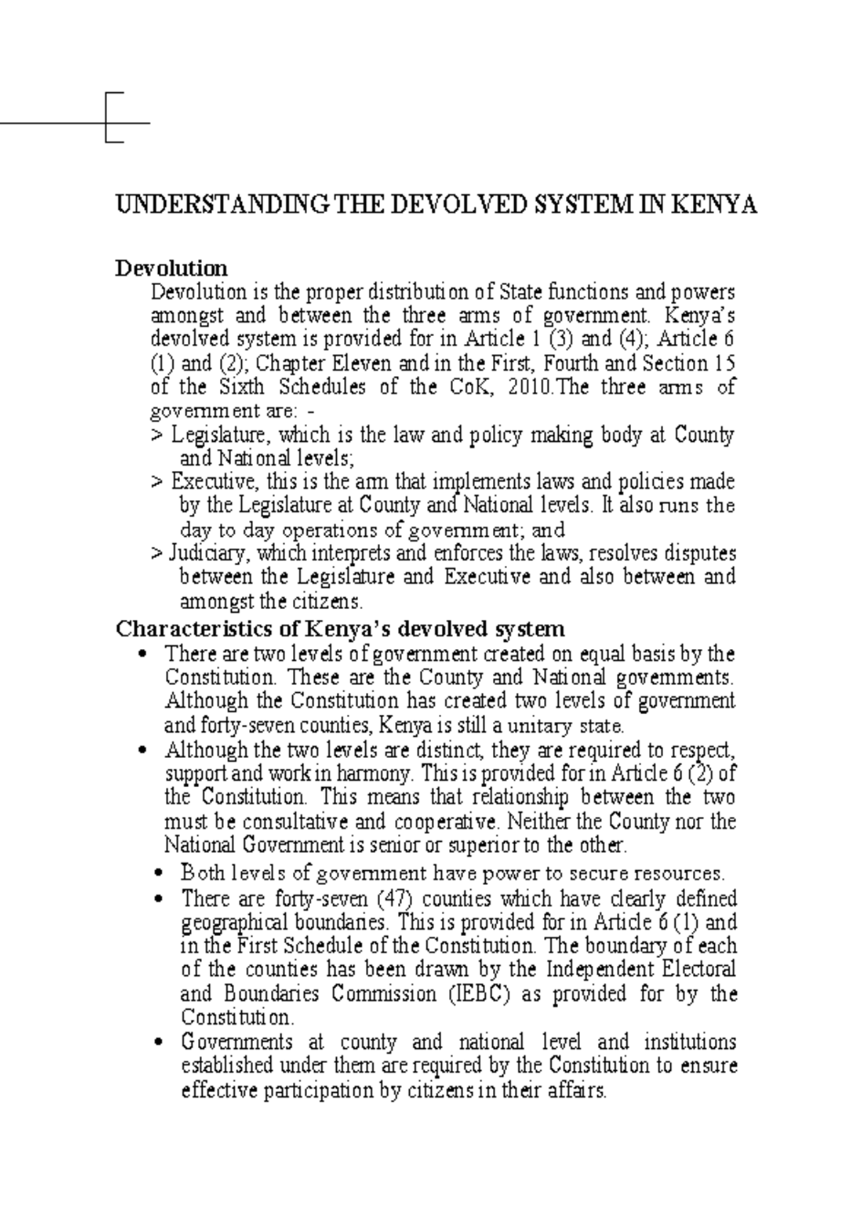 Understanding the Devolved Governance System in Kenya - COK 2010 - Studocu