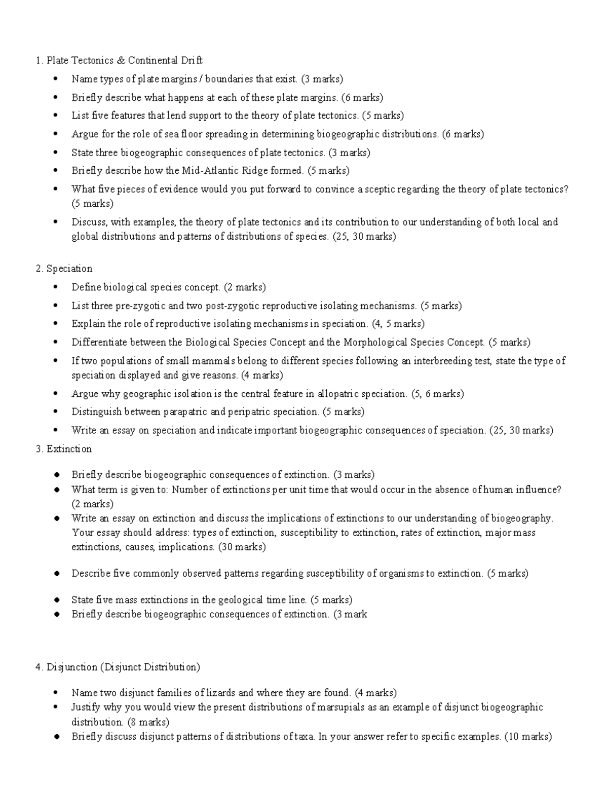 Biogeography Exam Questions: Plate Tectonics, Speciation, Extinction ...
