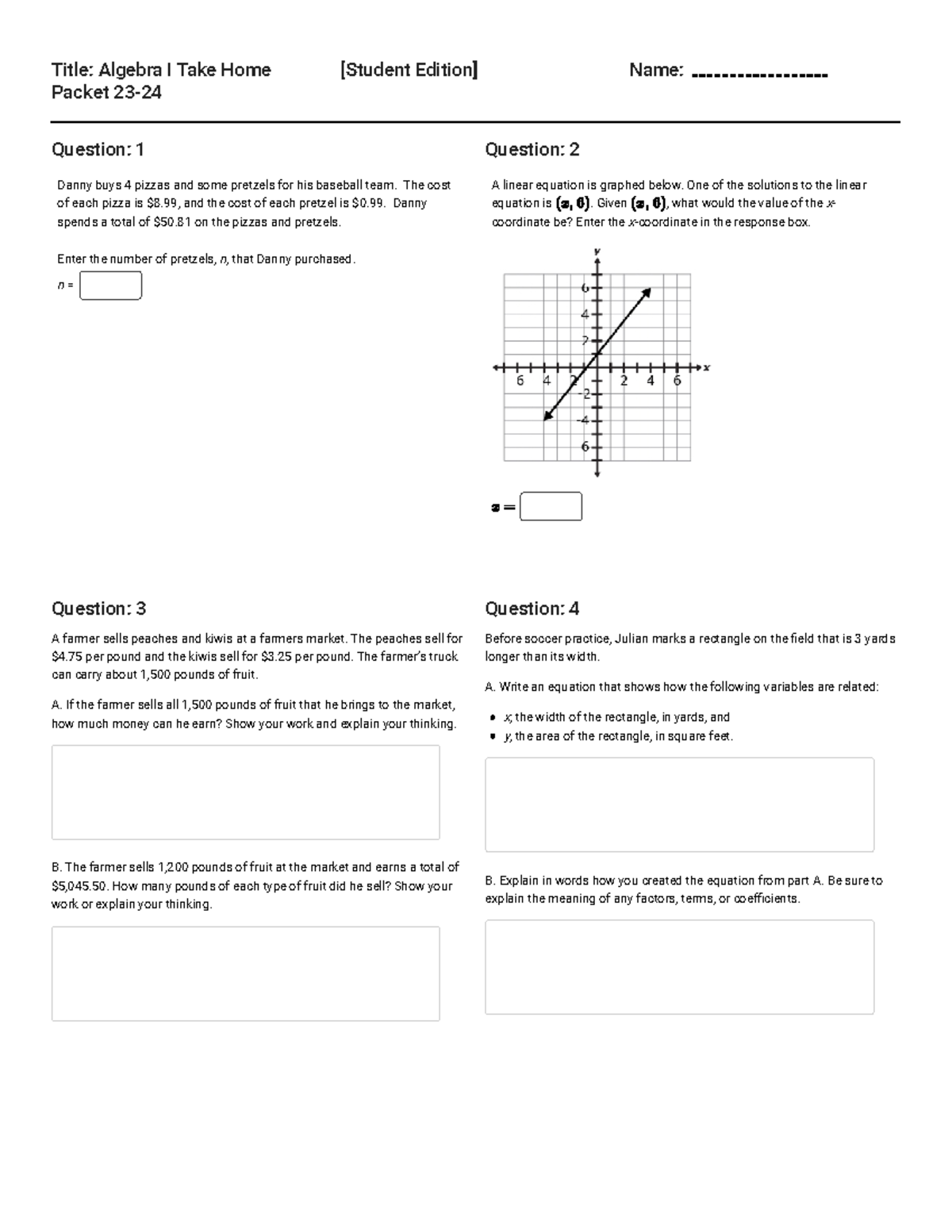 Algebra I Take Home Packet 2023-2024: Problem Set and Solutions - Studocu