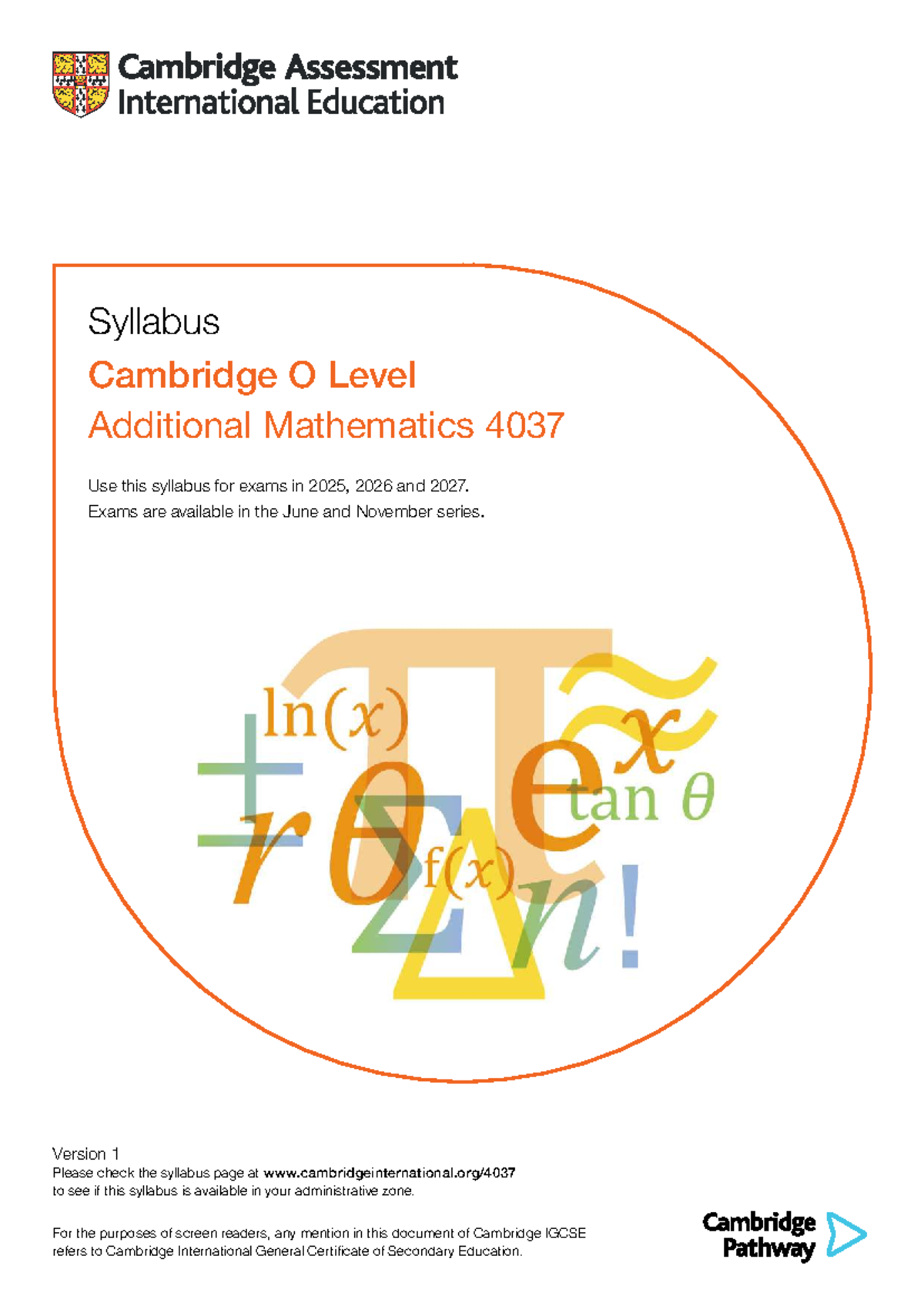 Cambridge O Level Additional Mathematics 4037 Syllabus for 2025-2027 ...