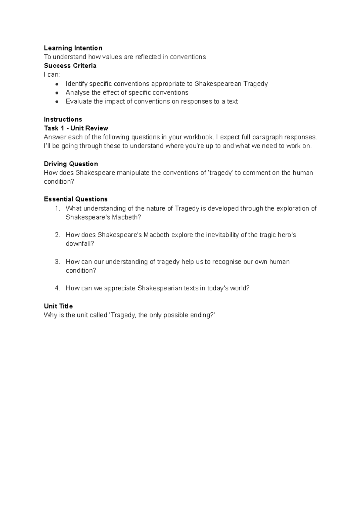 Unit Review: Analyzing Conventions in Shakespearean Tragedy - Studocu