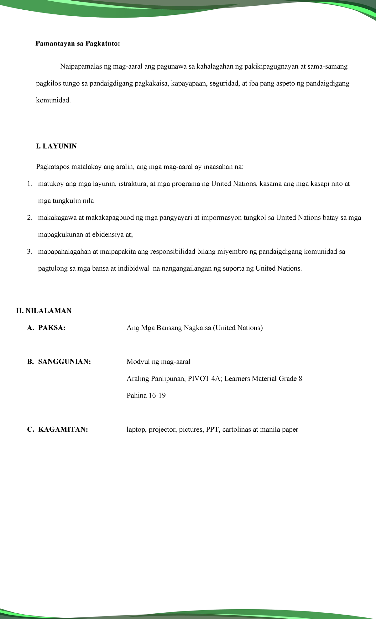 United Nations LP - Semi-detailed Lesson Plan for Grade 8 Social ...