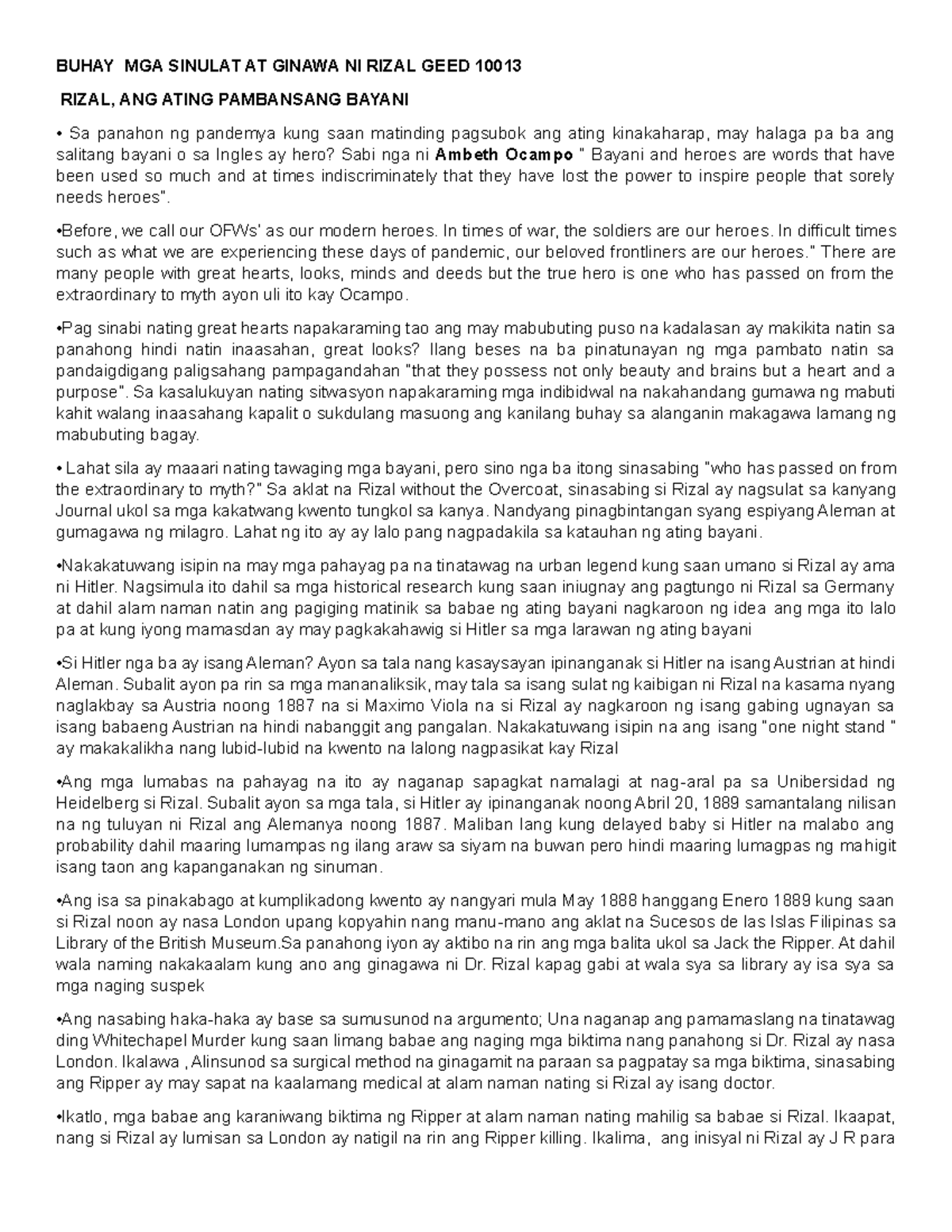 Kahalagahan ni Rizal sa Kasaysayan: Chapter 1 - GEED 10013 - Studocu