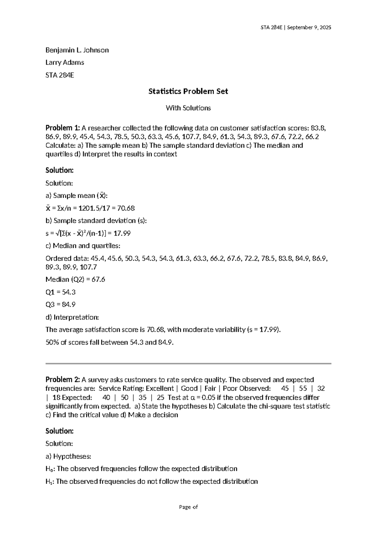 STA 284E Statistics Problem Set Solutions and Interpretations - Studocu