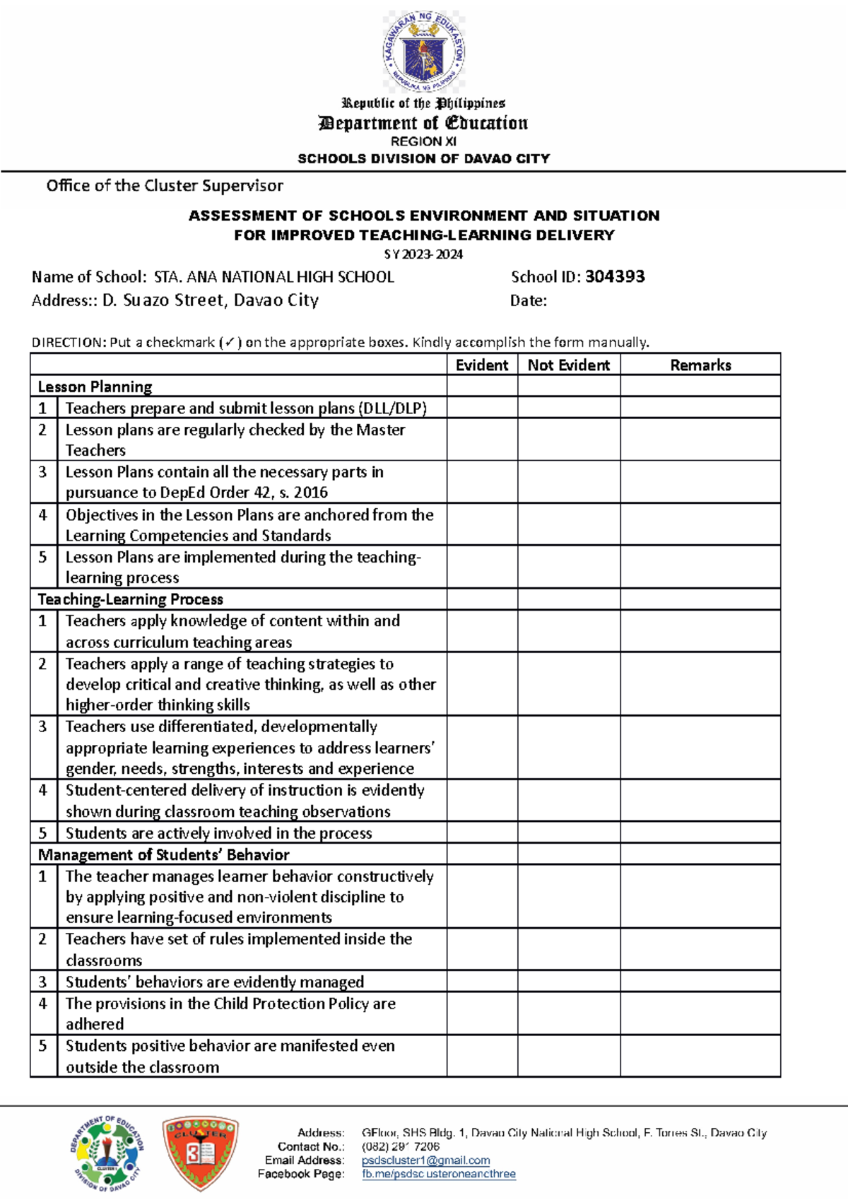 PSDS-Form-A3 PSDS monitoring - ASSESSMENT OF SCHOOLS ENVIRONMENT AND ...