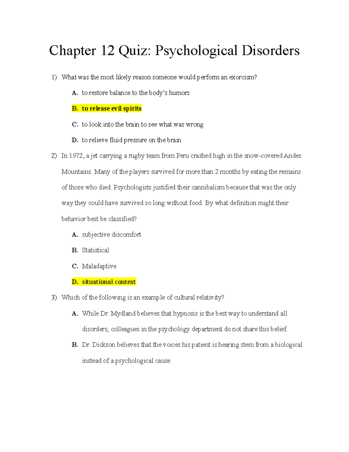 Chapter 12 Quiz: Exploring Psychological Disorders in Depth - Studocu