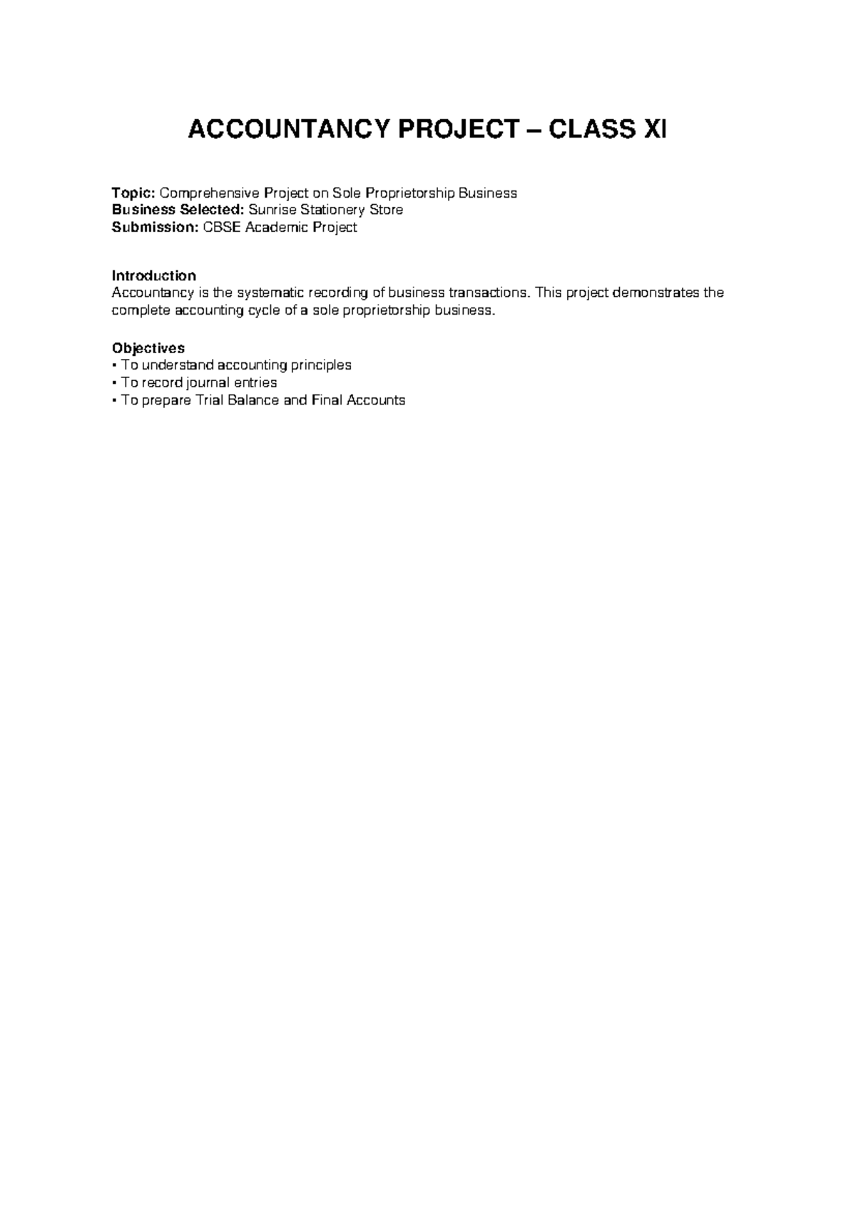 ACCOUNTANCY PROJECT CLASS XI: Sole Proprietorship Analysis - Studocu