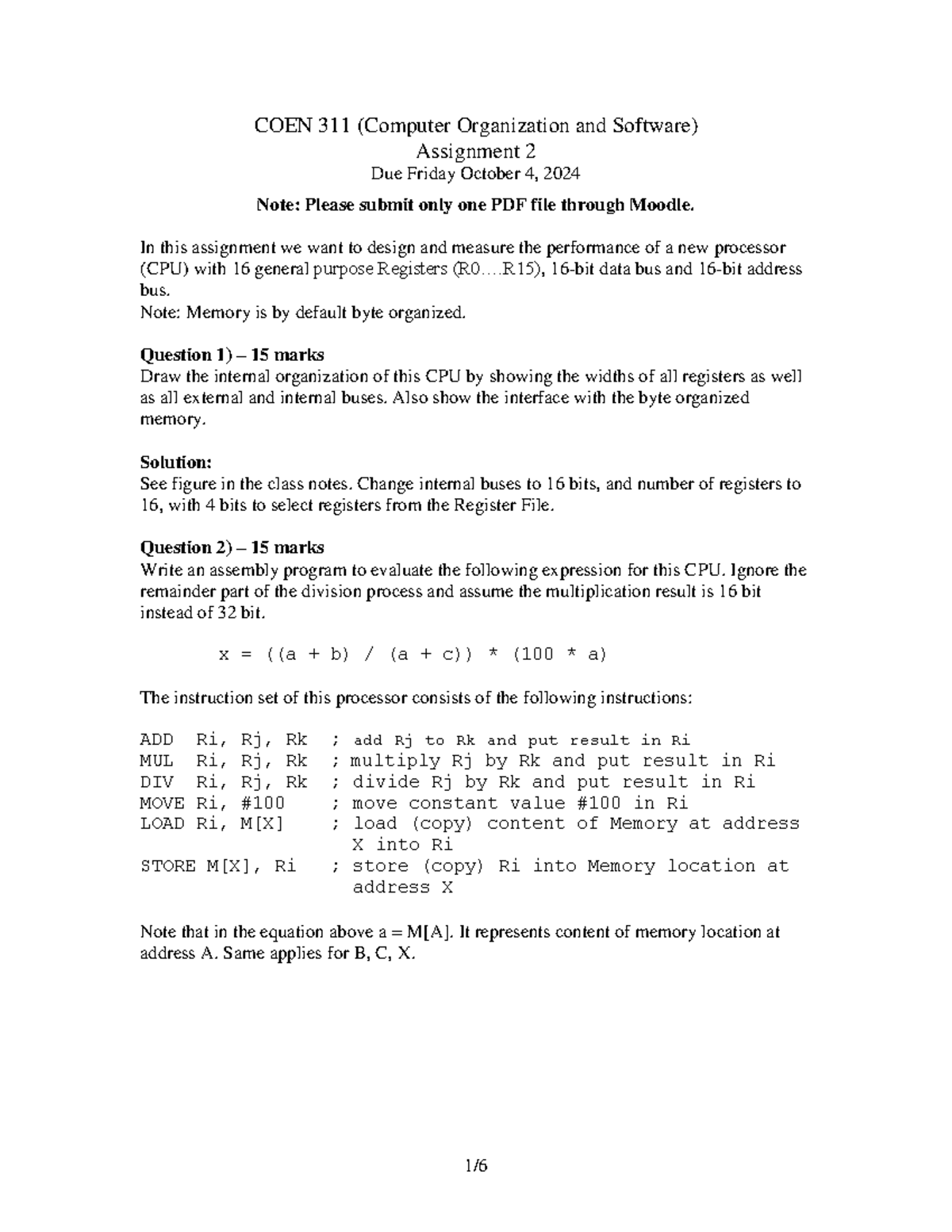 COEN 311: Assignment 2 Solutions - CPU Design and Assembly Program - Studocu