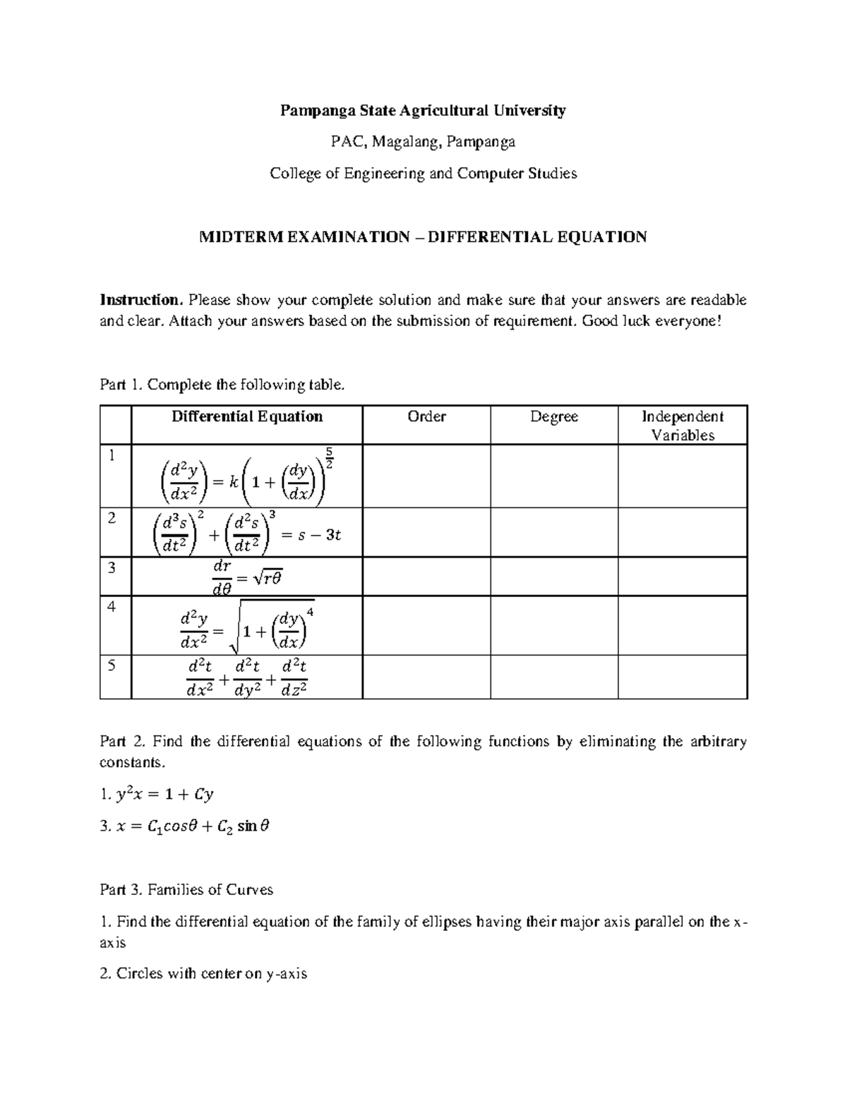 Midterm Exam - DE 101: Differential Equations Practice Problems - Studocu