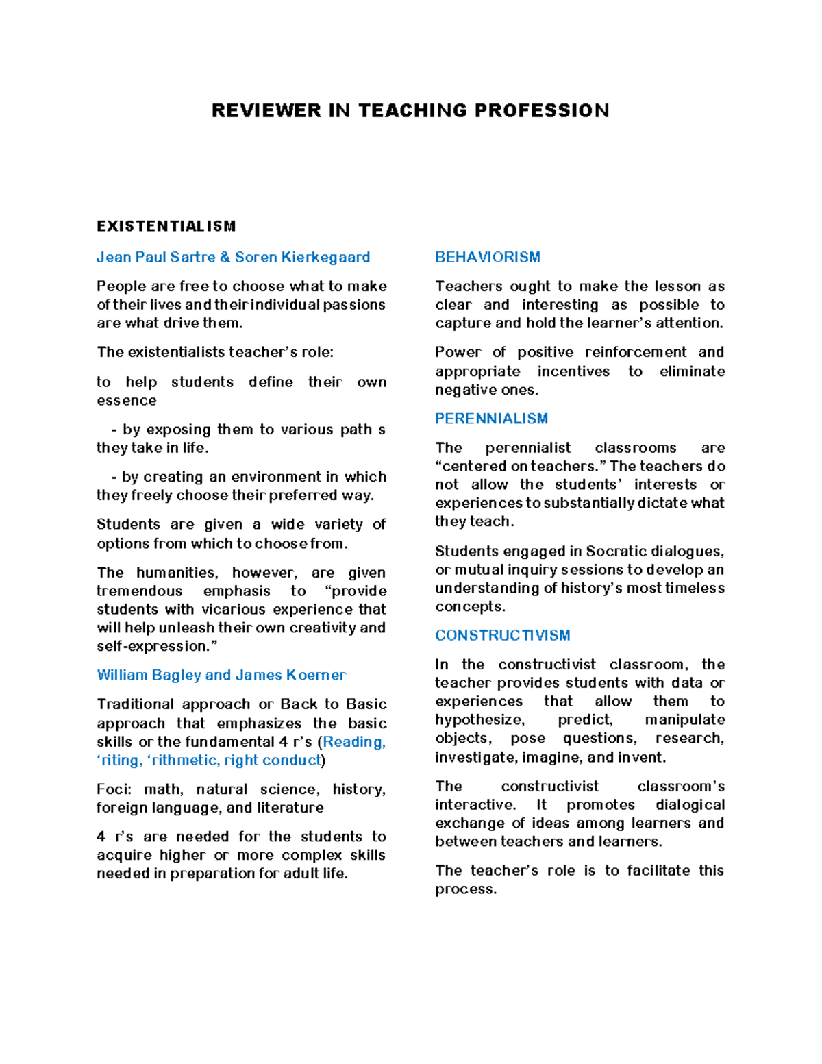 REVIEWER IN TEACHING PROFESSION: Existentialism, Behaviorism & More ...