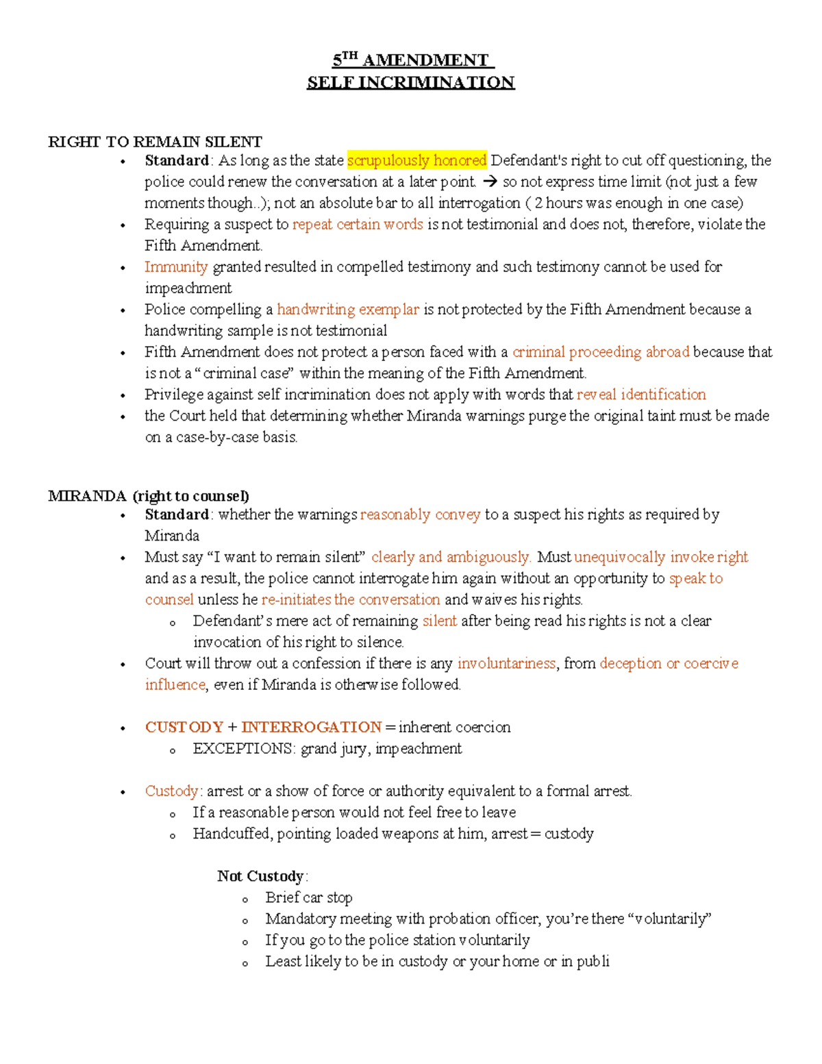 5TH AMENDMENT: RIGHT TO REMAIN SILENT & MIRANDA WARNINGS - Studocu