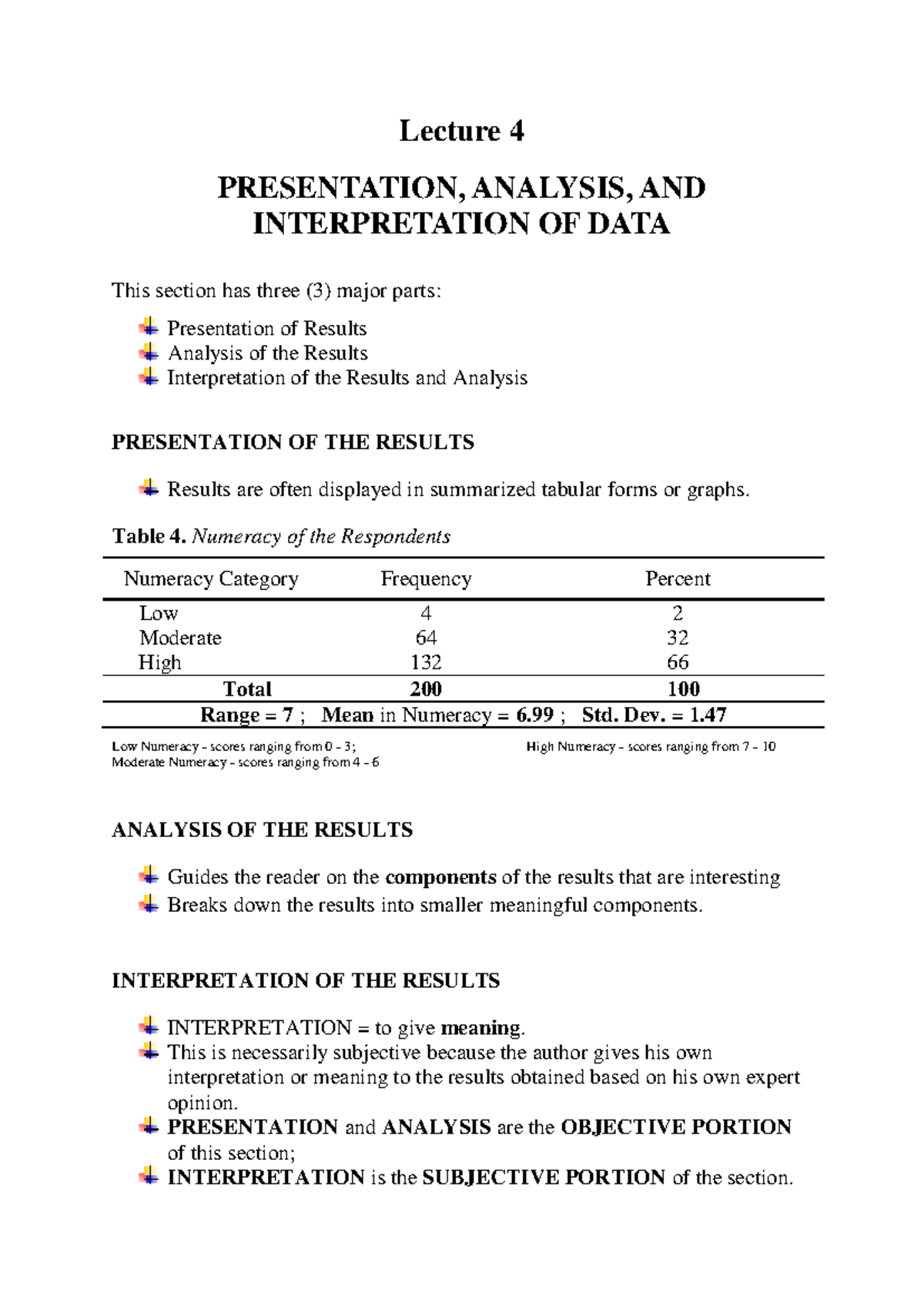 Presentation, Analysis, and Interpretation of Data - Lecture 4 ...