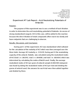 EXP 3 POST LAB - Experiment 3 post lab - CHEM 1450 Experiment 3 Post-Lab Name: - Studocu