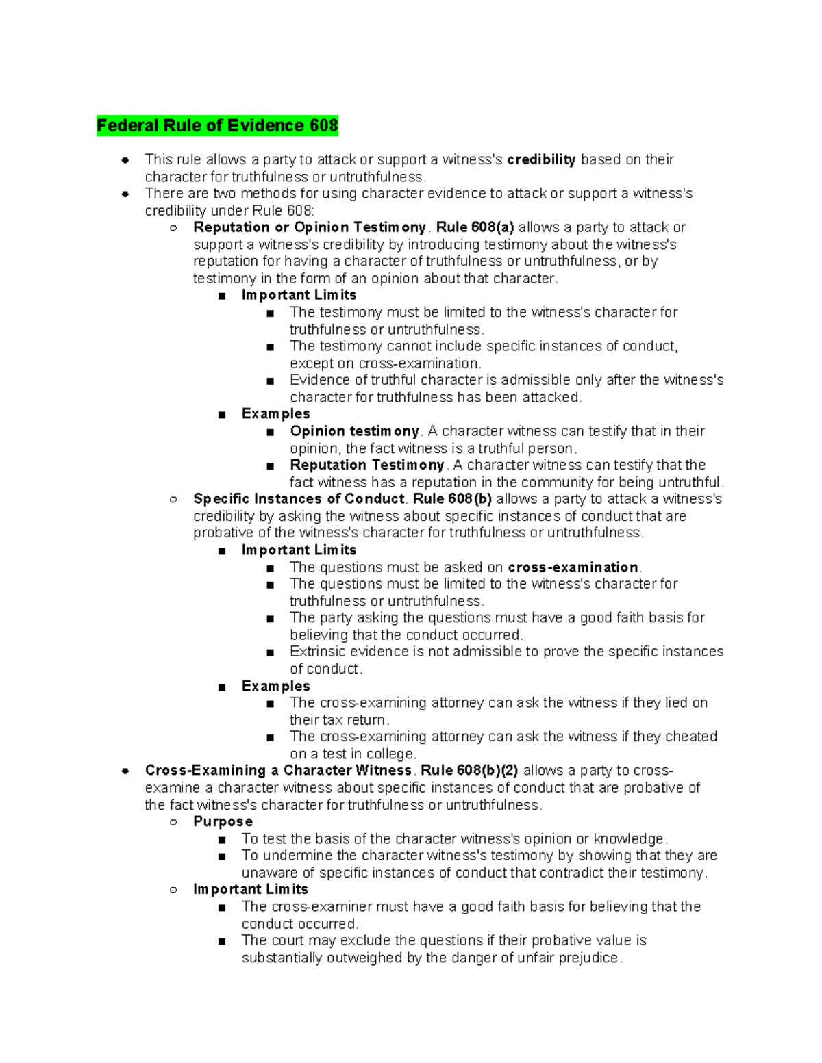 Federal Rule of Evidence 608: Witness Credibility & Character Evidence ...