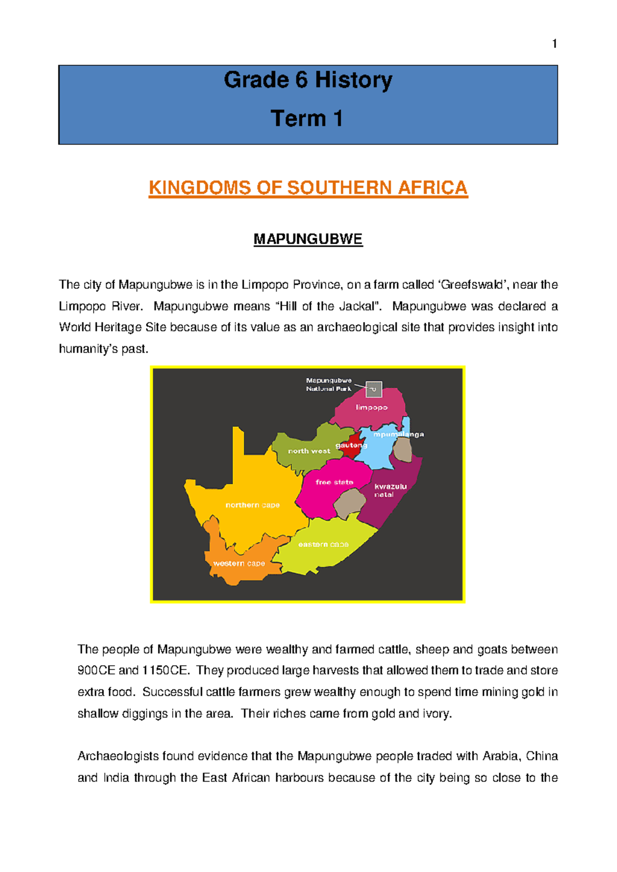 Grade 6 History: Term 1 - Kingdoms of Southern Africa Insights - Studocu