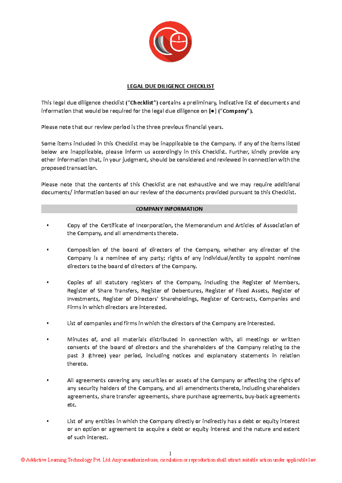 Due Diligence Requisition List - Legal Checklist for [ ] - Studocu