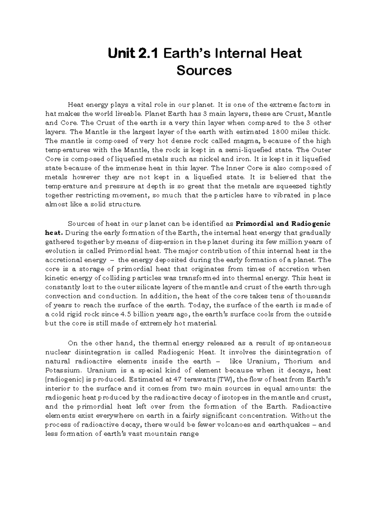 Unit 2. Earth’s Internal Heat Sources & Endogenic Processes Overview ...