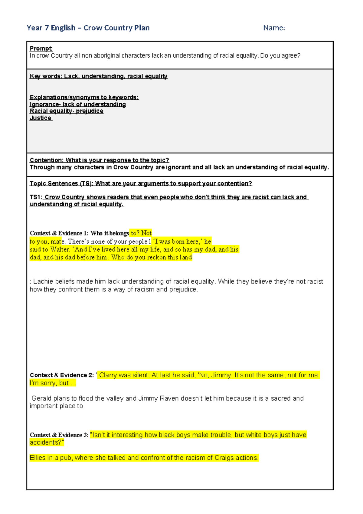 Year 7 English Essay Plan: Racial Understanding in Crow Country - Studocu
