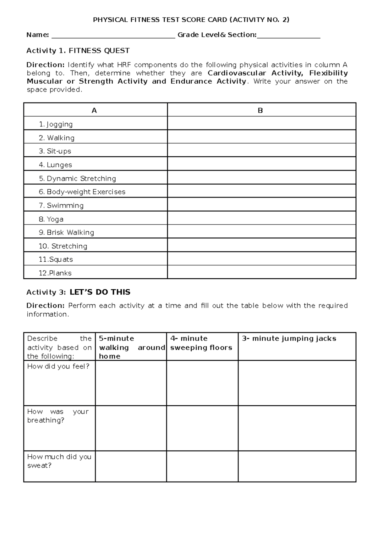 PE MOD 2 Activity - Fitness Quest and Reflection Summary - Studocu