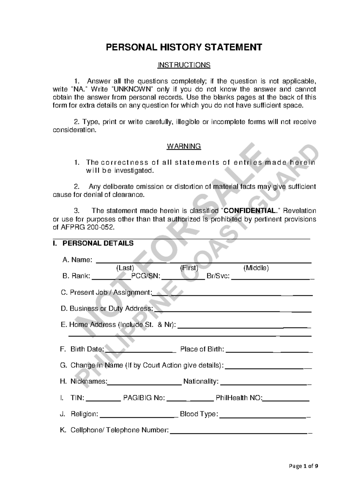 Personal History Statement Form: Detailed Instructions and Info - Studocu